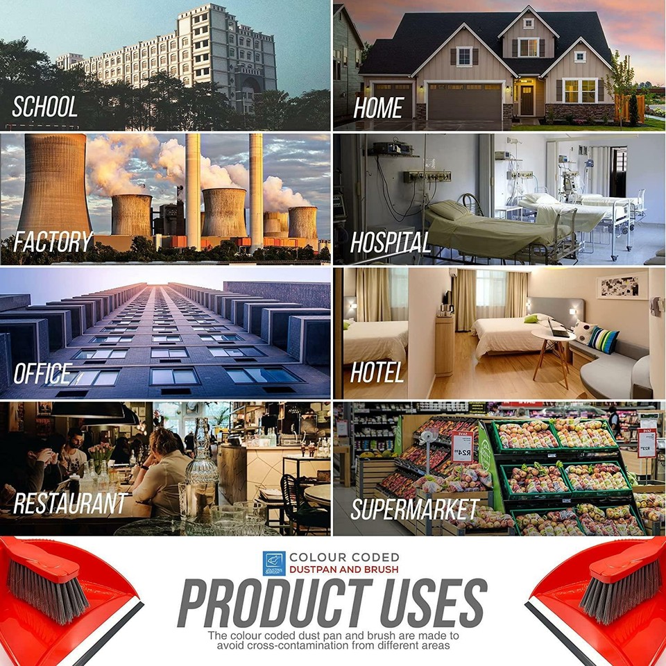 Red Dustpan and Brush Set Colour Coded Dust Pan Broom Sweeper Indoor ...