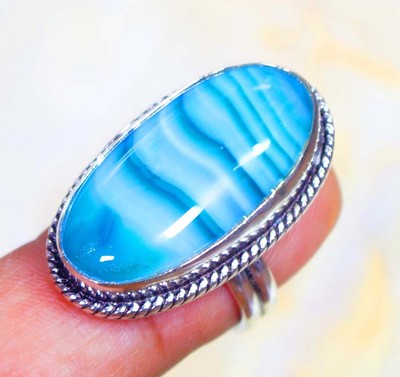 Blue Agate Ring size 7 US Silver Plated Gemstone Handmade Gift Jewelry ...