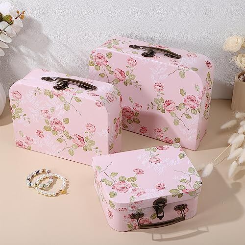 3 Pack Paperboard Suitcases Decorative Storage Box with Lids and Metal ...