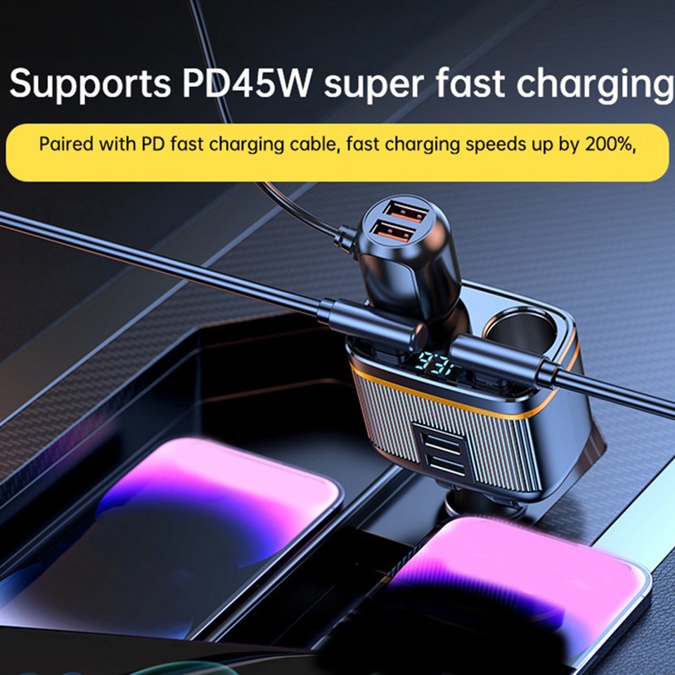 Car Splitter 145W USB C Car 4 Ports Car Adapter Voltage Display for ...