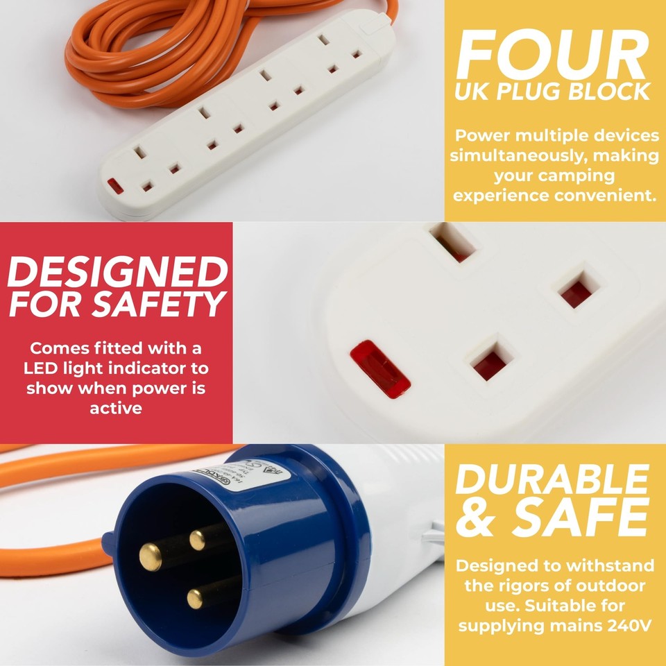 GADLANE Camping Extension Lead Hook Up Cable Plug Caravan Motor Home ...