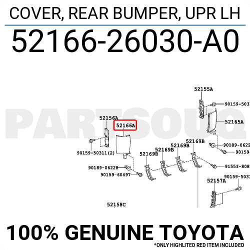 5216626030A0 Genuine Toyota COVER, REAR BUMPER, UPR LH 52166-26030-A0 ...