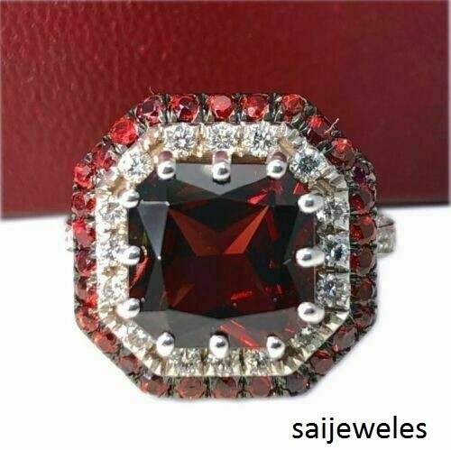 3CT Cushion Lab-Created Red Garnet Engagement Vintage Ring 14K White ...