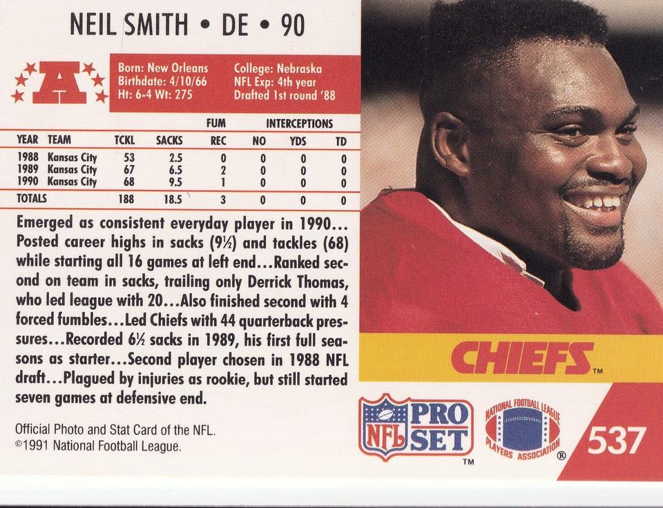 1991 Pro Set # 537 Neil Smith NFL Kansas City Chiefs + Yes 4 Free ...