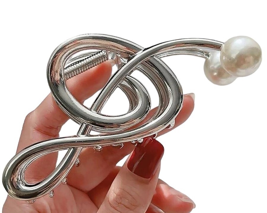 NEW Treble Music Note Hair Claw Hair Clip Metal Silver Tone Faux Pearls ...