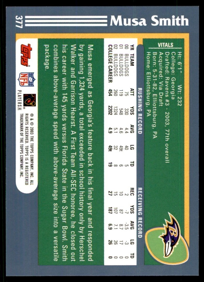 2003 TOPPS MUSA SMITH ROOKIE BALTIMORE RAVENS #377 | eBay
