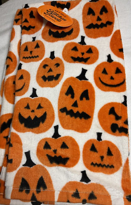 RITZ KITCHEN TEA TOWELS (2) JACK O LANTERNS ORANGE BLACK 100% COTTON ...