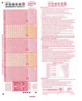 Florida Lottery Powerball Unused Play Slip | eBay