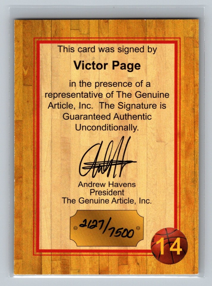 Victor Page 1997 Genuine Article AUTOGRAPHS #14 Basketball Card AUTO ...