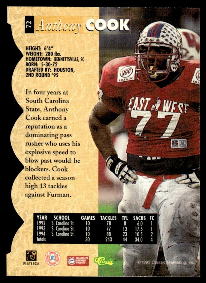 1995 Classic 5-Sport Die-Cut #72 Anthony Cook Rookie Houston Oilers | eBay