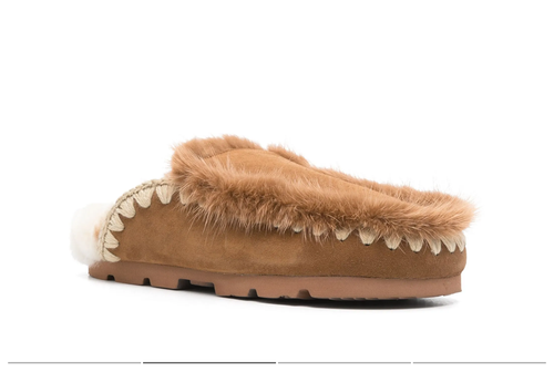MOU Winter Bio Mules W/Fur Trim Leather Slide Cognac Camel Brown size ...