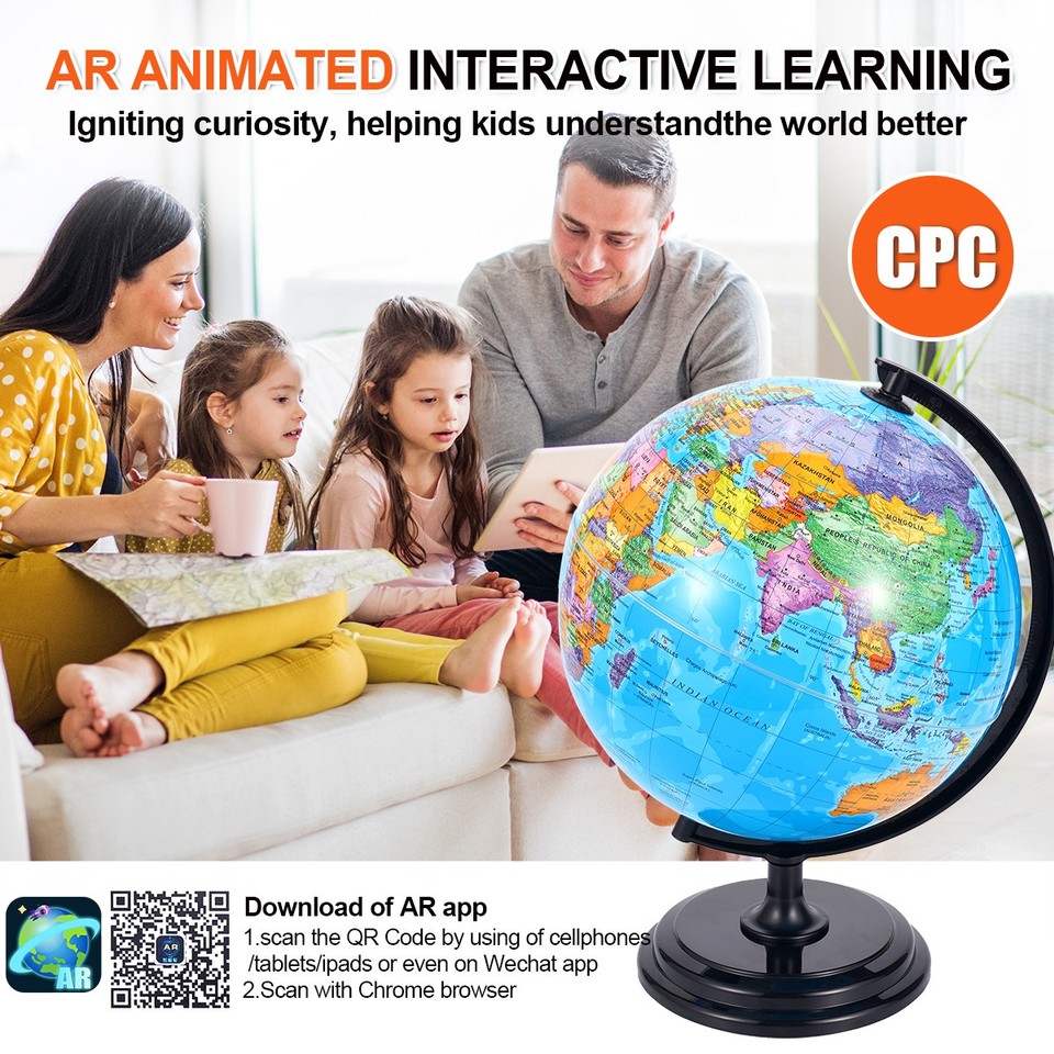 13" 3D AR Large World Globe 12" w/Stand Ocean Rotating World Map ...