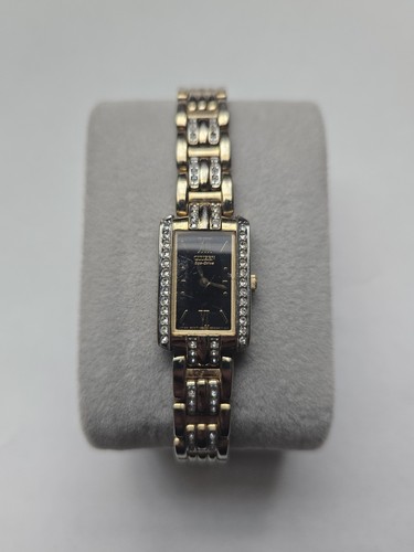 Citizen Eco-Drive Gold Tone Women’s Watch Rectangular Face Crystal ...