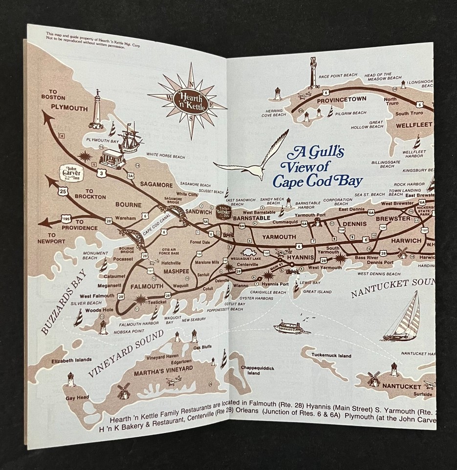 1980s Cape Cod Plymouth MA Pocket Map Hearth Kettle Menu Vintage Travel ...