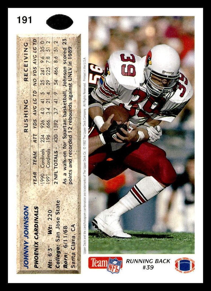 1992 Upper Deck #191 Johnny Johnson Phoenix Cardinals Football Card | eBay