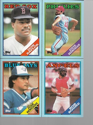 1988 TOPPS BASEBALL 4 CARD BOX BOTTOM CUTOUT BAYLOR/BEDROSIAN/BENIQUEZ ...