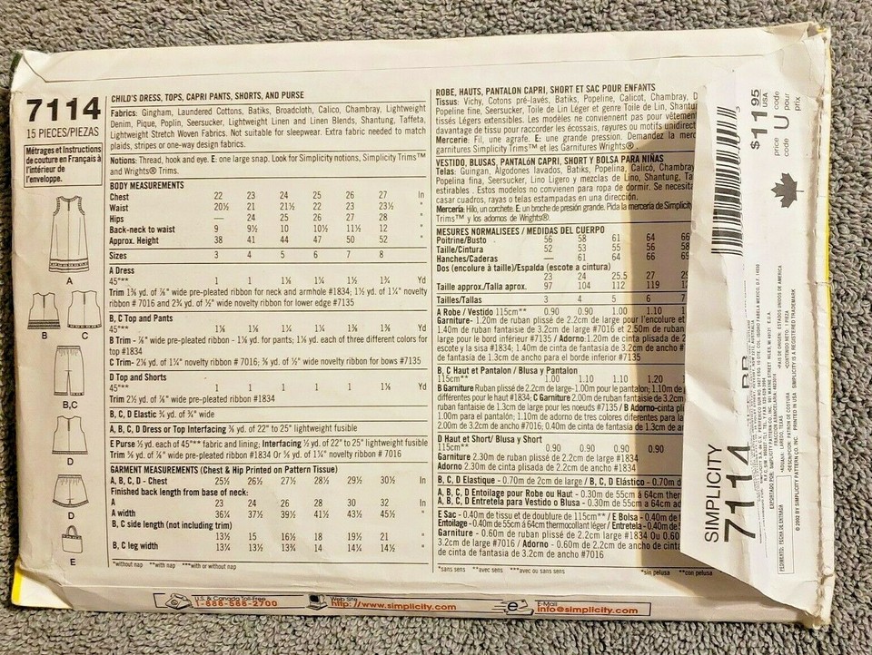 Simplicity Sewing Patterns for Dummies 7114 Child's Dress Tops Pants ...