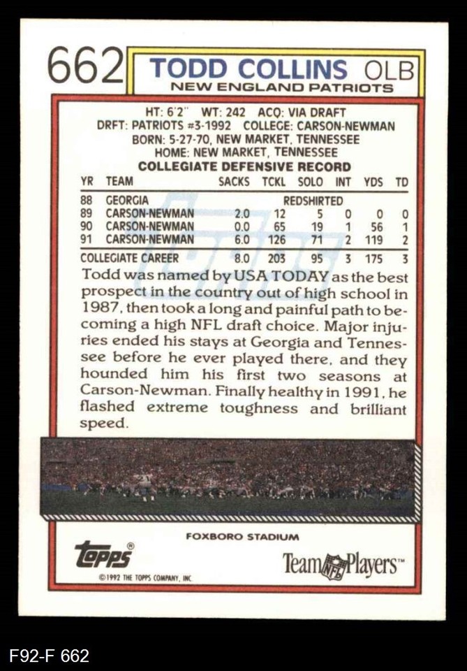 1992 Topps #662 Todd Collins Patriots RC Carson-Newman 8 - NM/MT | eBay