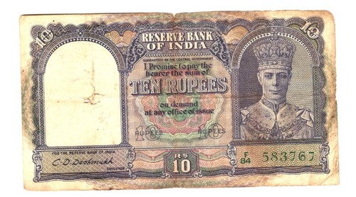 1943 - 10 RUPEE BRITISH INDIA GEORGE VI FRONT FACE NOTE SIGN. C D ...