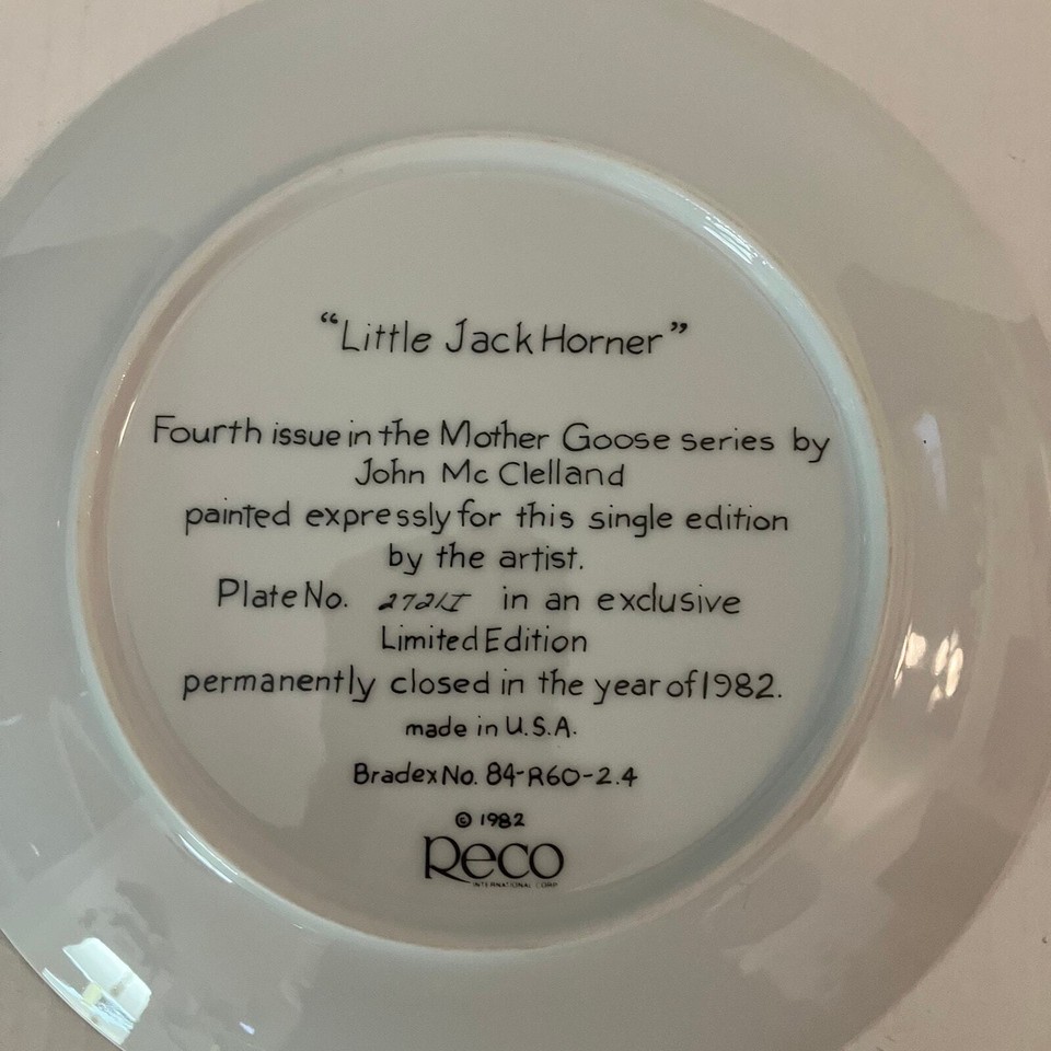 Little Jack Horner Plate, Reco, Mother Goose Series, McClelland, 4th ...