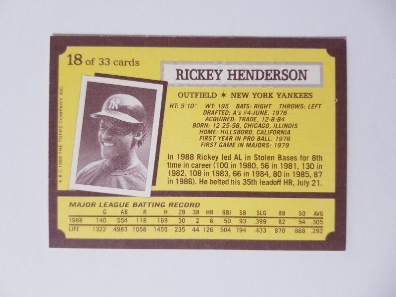1989 TOPPS KAYBEE SUPERSTARS RICKEY HENDERSON BASEBALL CARD #19 NEW ...