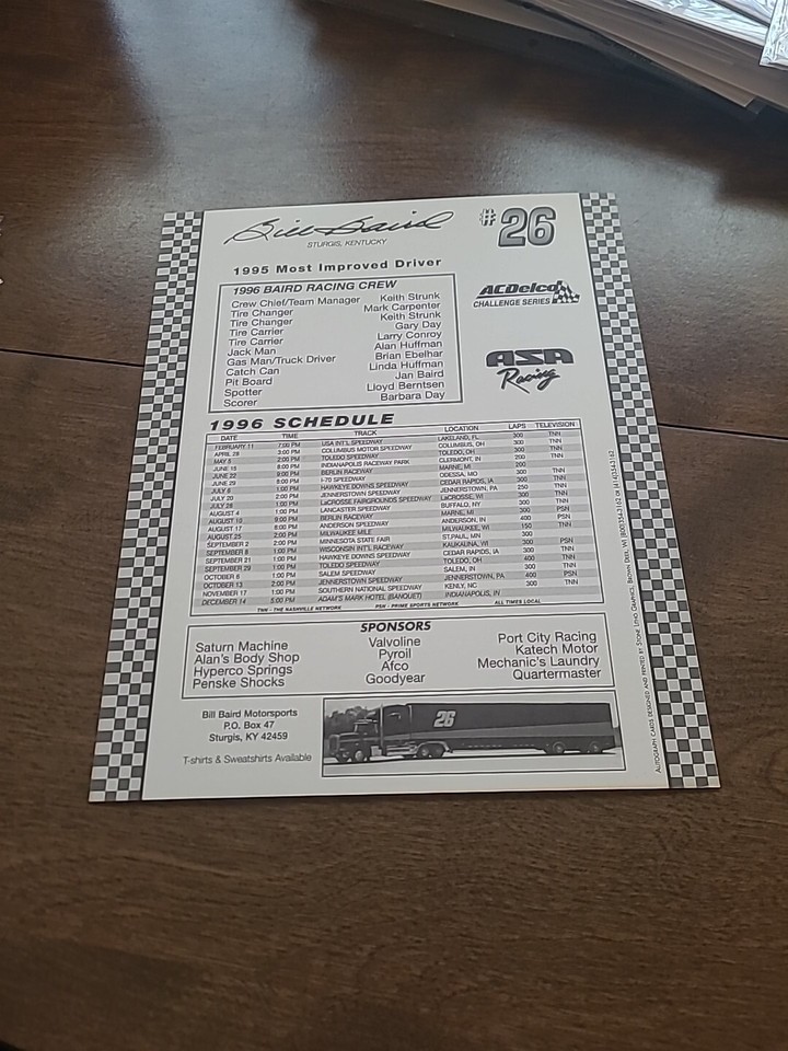 Nice 1996 Bill Baird #26 ASA Driver Signed 8x10" Hero Card | eBay