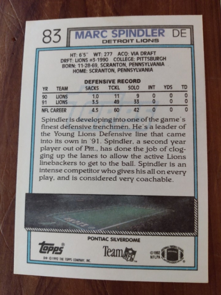 Marc Spindler - Detroit Lions Defensive End - Topps NFL 1992 Card #83 ...