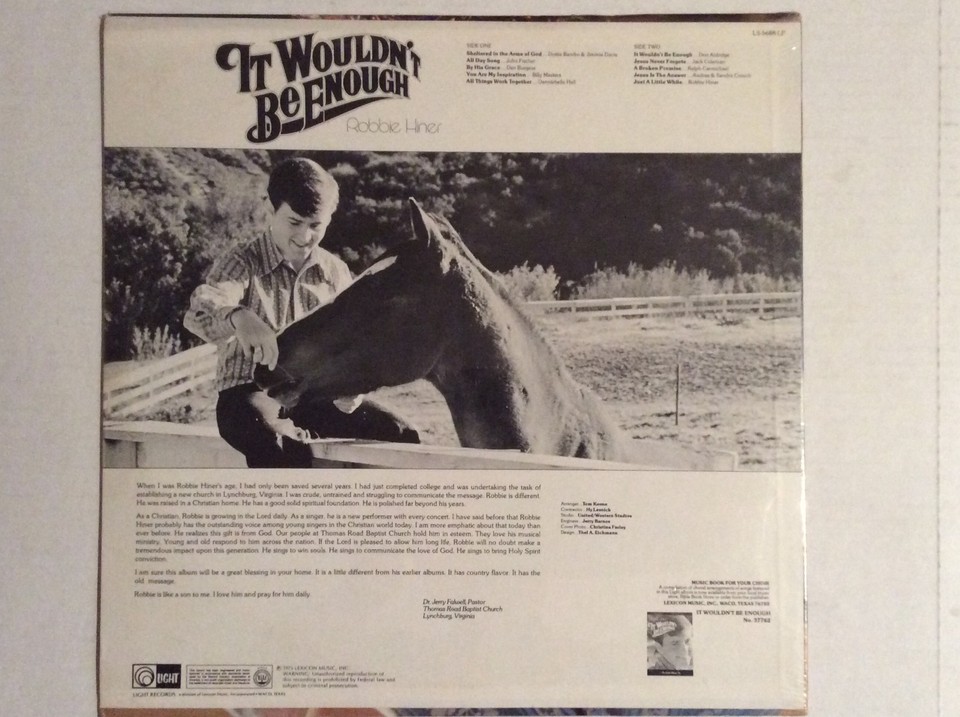 ROBBIE HINER IT WOULDN'T BE ENOUGH LP Old Time Gospel Hour Trio & QT ...