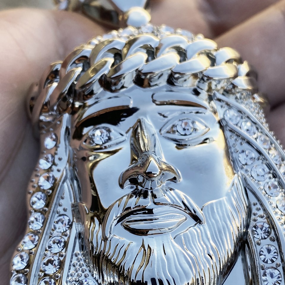 Huge Jesus Piece Pendant Cuban Crown Head Necklace Silver Tone Hip Hop ...