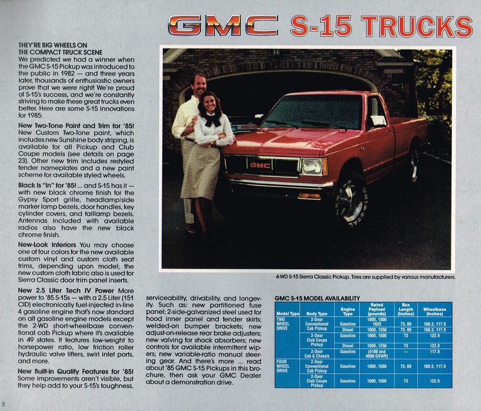 1985 GMC S15/S-15 PickUp / Pick Up TRUCK Brochure w/Color Chart:HIGH ...