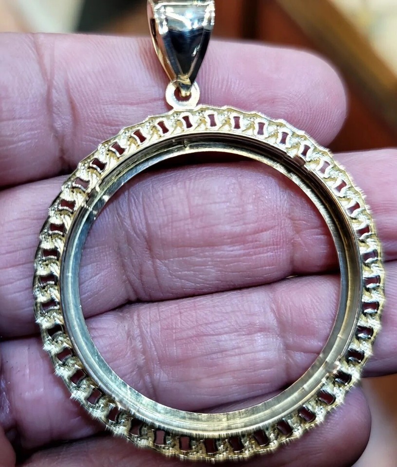 0 GOLd Cuban Bezel 50 pesos pendant 14k moneda centenario frame mex ...