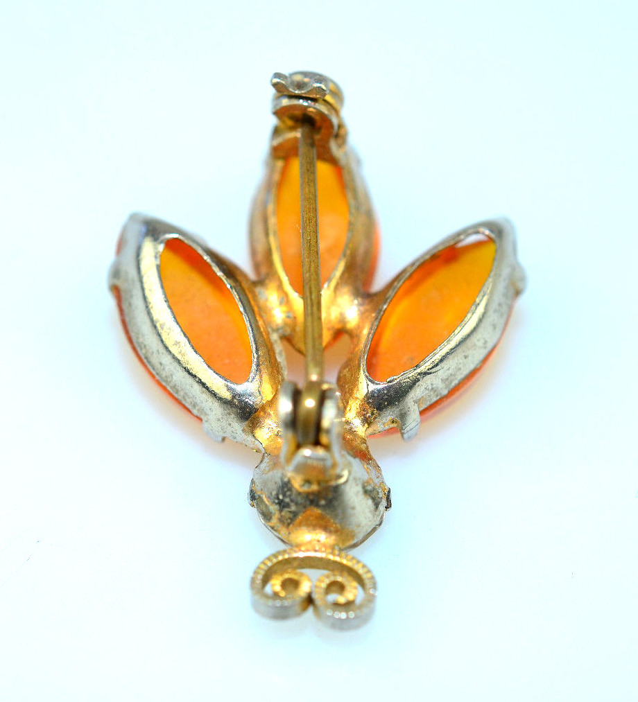 VINTAGE GENUINE AMBER PIN WITH 3 MARQUISE STONES & ONE ROUND RHINESTONE ...