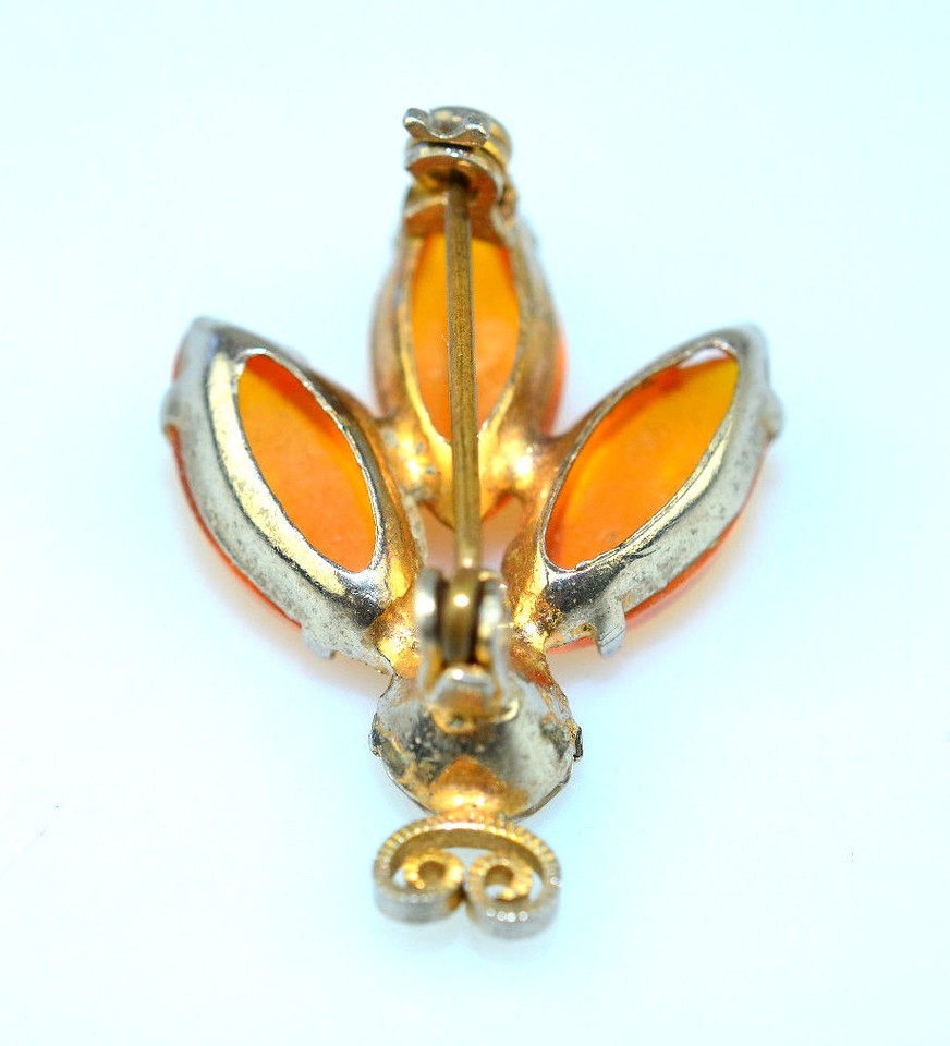 VINTAGE GENUINE AMBER PIN WITH 3 MARQUISE STONES & ONE ROUND RHINESTONE ...