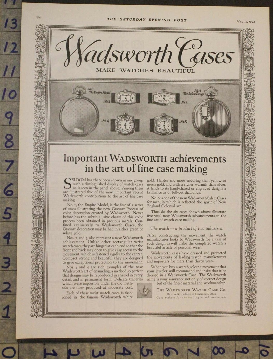 1923 WADSWORTH CASE WATCH DAYTON CINCINNATI TIME POCKET EMPIRE SALEM AD ...