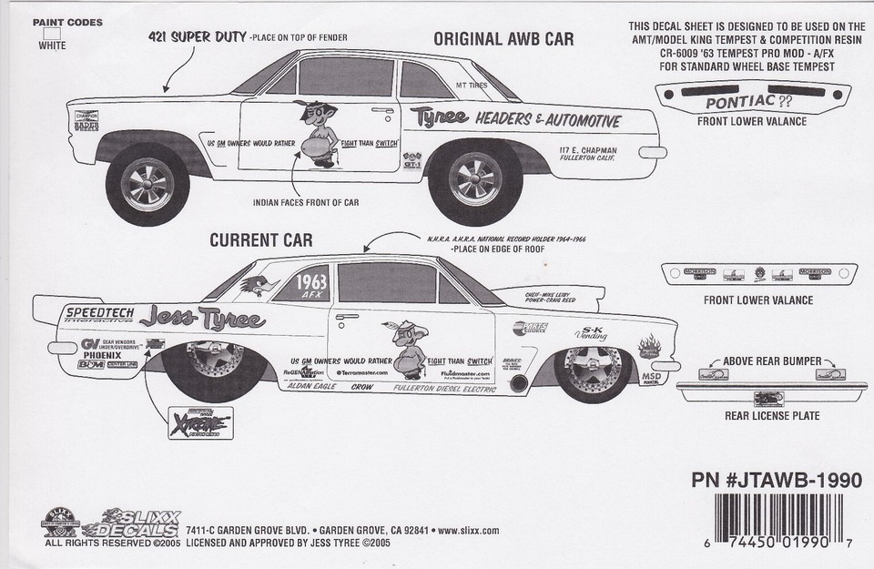 JESS TYREE '62 Pontiac Tempest NHRA 1/24th Scale NHRA Waterslide Decals ...