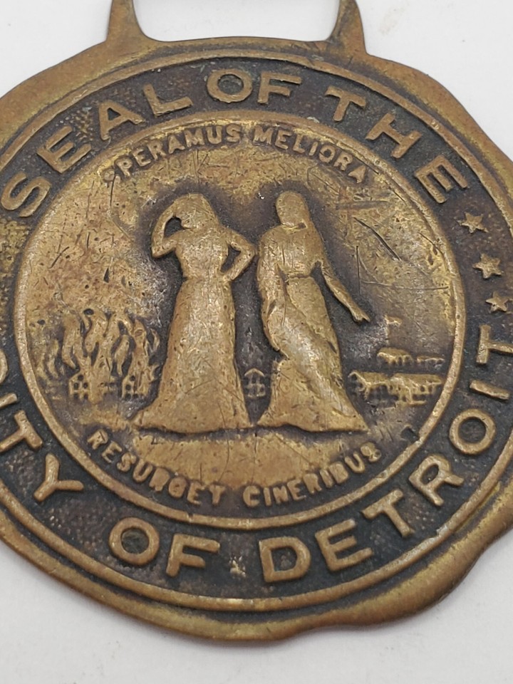 RARE ANTIQUE SEAL OF THE CITY DETROIT POCKET WATCH FOB SPERAMUS MELIORA ...