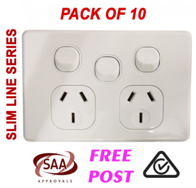 10 x SLIM - Double with extra switch 10Amp Powerpoint / GPO Outlet ...