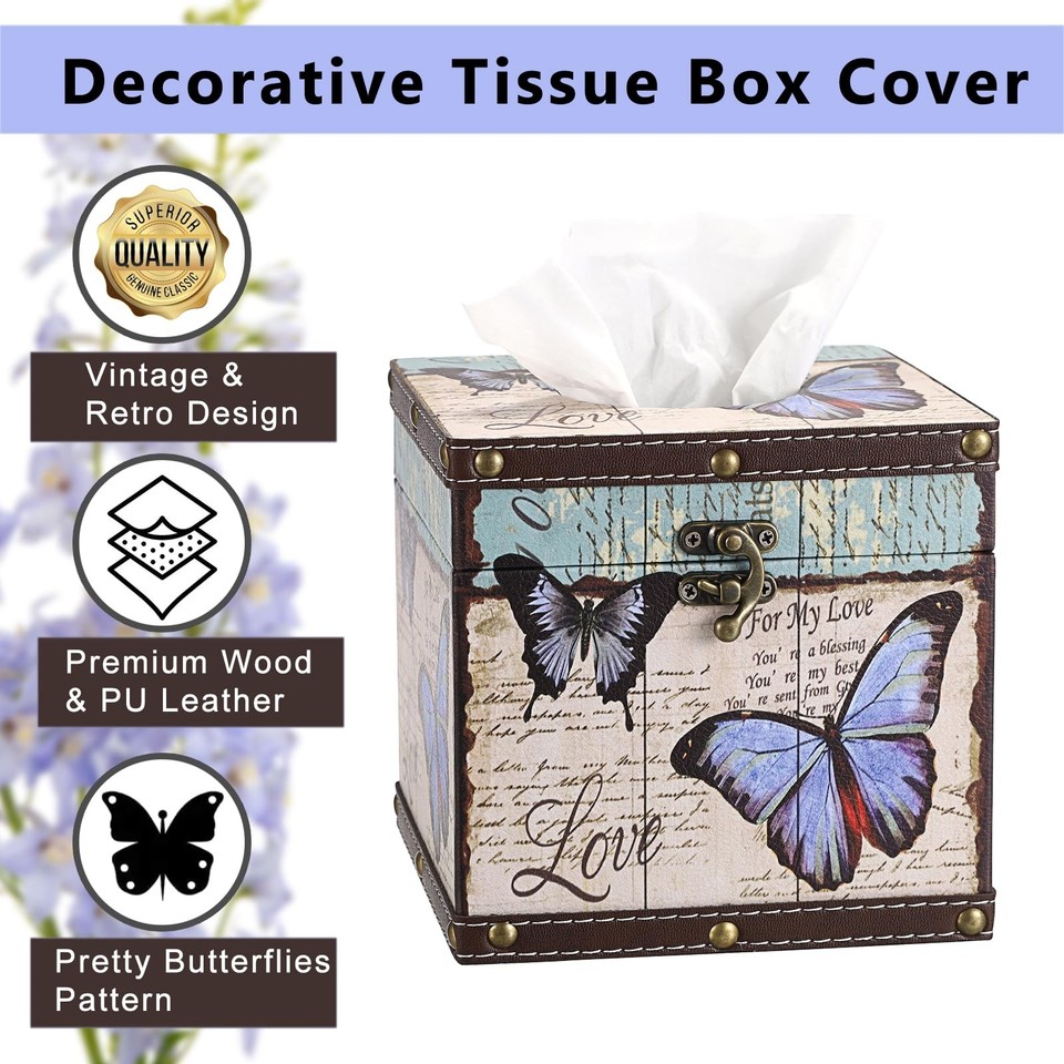 Vintage Tissue Box Cover, Wood Square Tissue Box Holder, Decorative ...