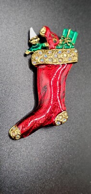 Red Enamel Rhinestone Christmas Stocking Pin Brooch 49997 Red, Green ...