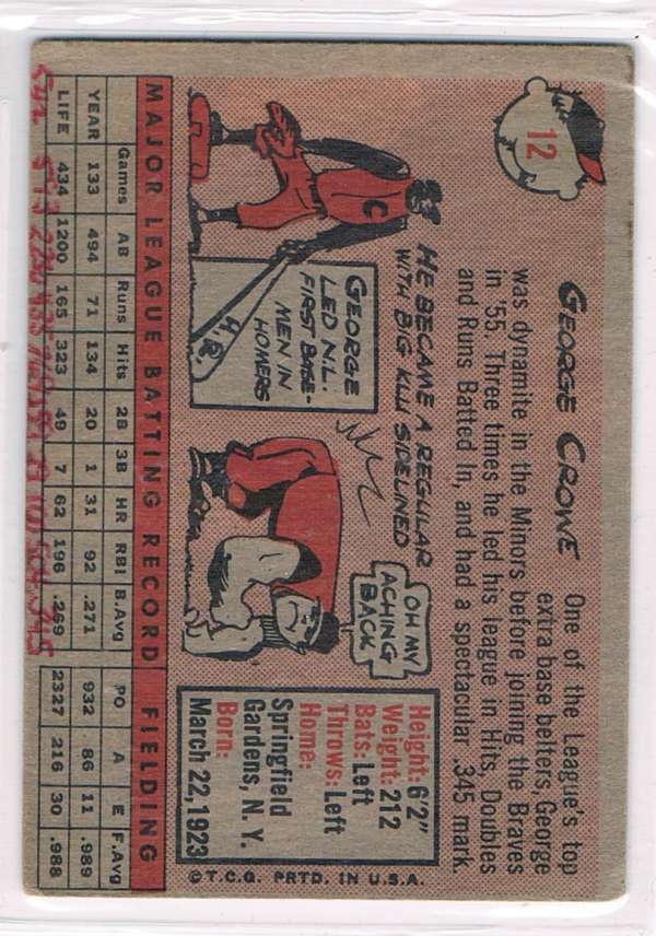 1958 Topps #12 George Crowe Cincinnati Reds | eBay