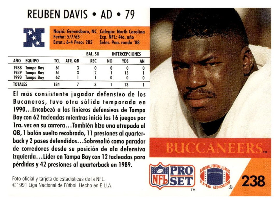 REUBEN DAVIS 1991 Pro Set Spanish #238 Tampa Bay Buccaneers | eBay