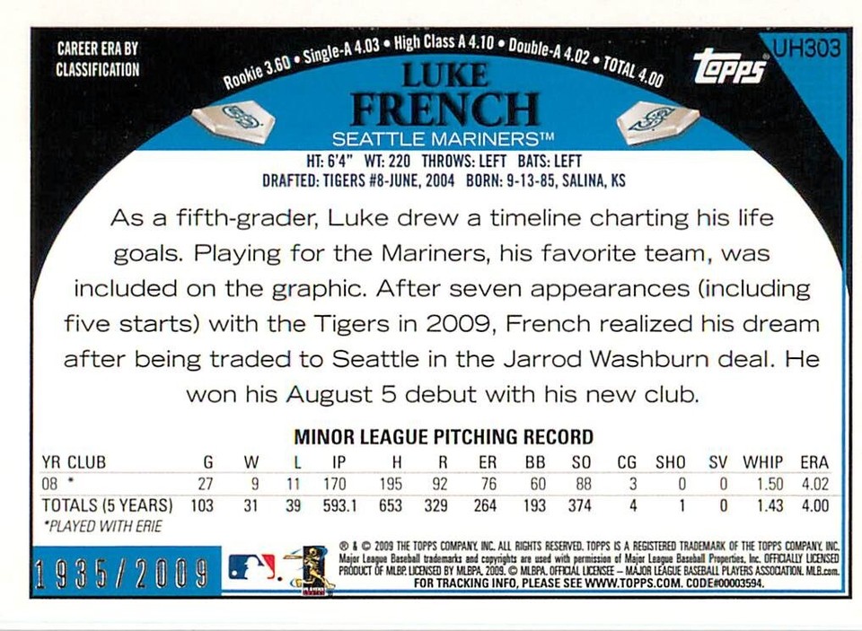 LUKE FRENCH 2009 Topps Update GOLD ROOKIE RC /2009 Mariners #UH303 | eBay