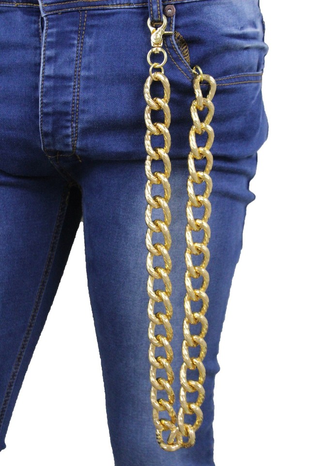 Men Gold Long Wallet Chain Metal Textured Link KeyChain Chunky Jean ...