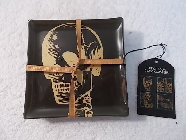Set of 4 Prima Design Halloween Skeleton Black Gold Square Glass ...