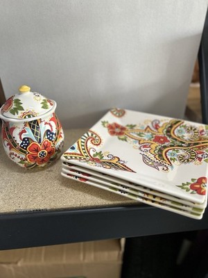 Colorful Ceramic Plates Set of 4 with Matching Jar Floral Paisley ...