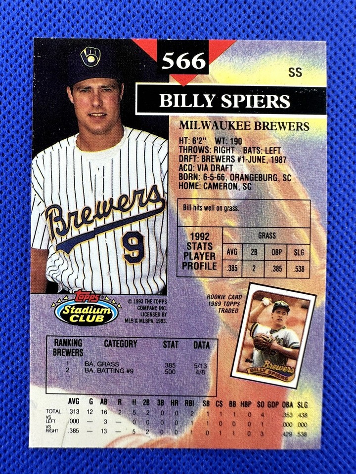 1993 #566 Billy Spiers Topps Stadium Club Baseball Milwaukee Brewers | eBay