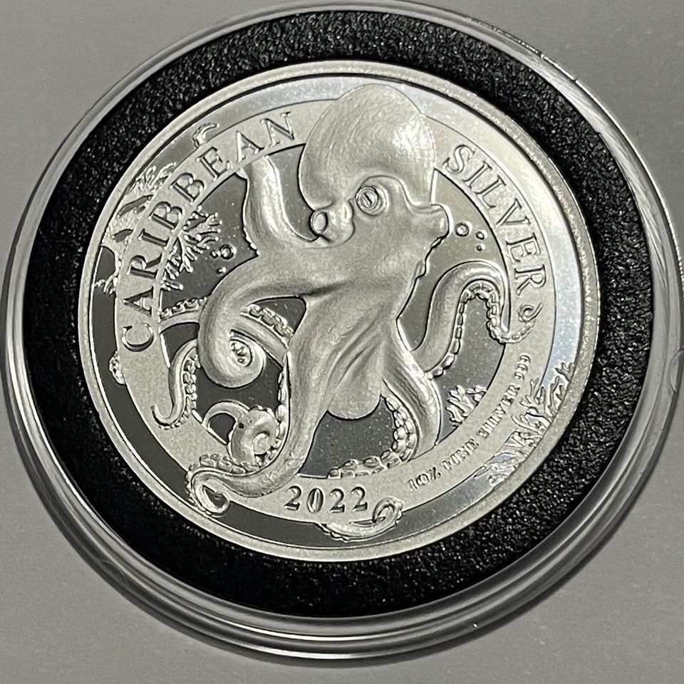Caribbean Silver Octopus Barbados Coin 1 Troy Oz .999 Fine Silver Round ...