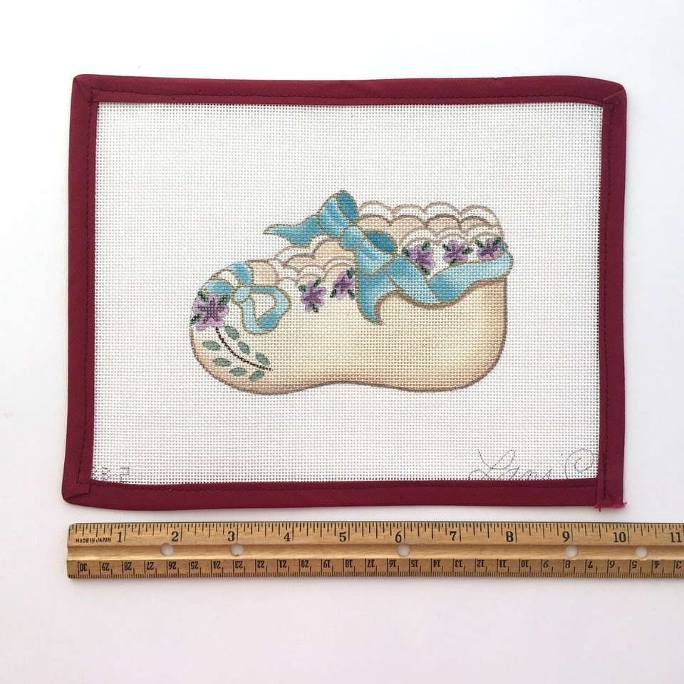 LANI Handpainted Needlepoint Canvas Baby Bootie Blue Bow Purple Flowers ...