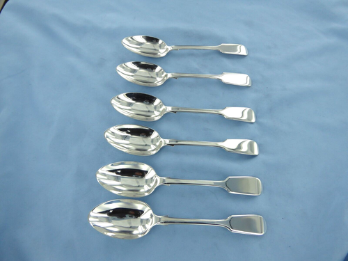 AN ANTIQUE SET OF SIX STERLING SILVER FIDDLE BACK DESSERT SPOONS ...