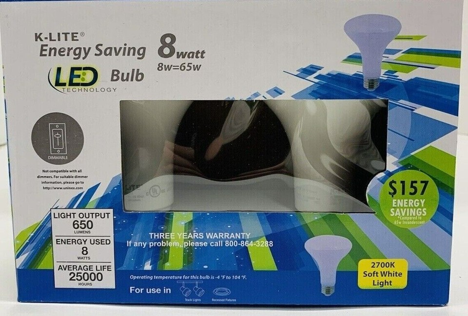 2- K-LITE LED Bulb Energy Saving 8W=65W Dimmable 2700K Household Bulbs ...